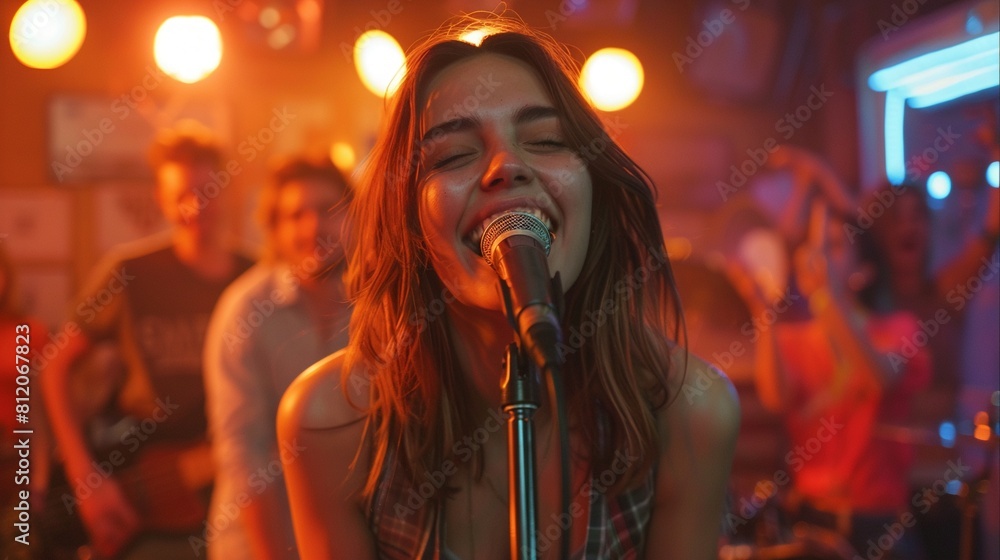 A dynamic shot of a young woman singing passionately into a microphone ...