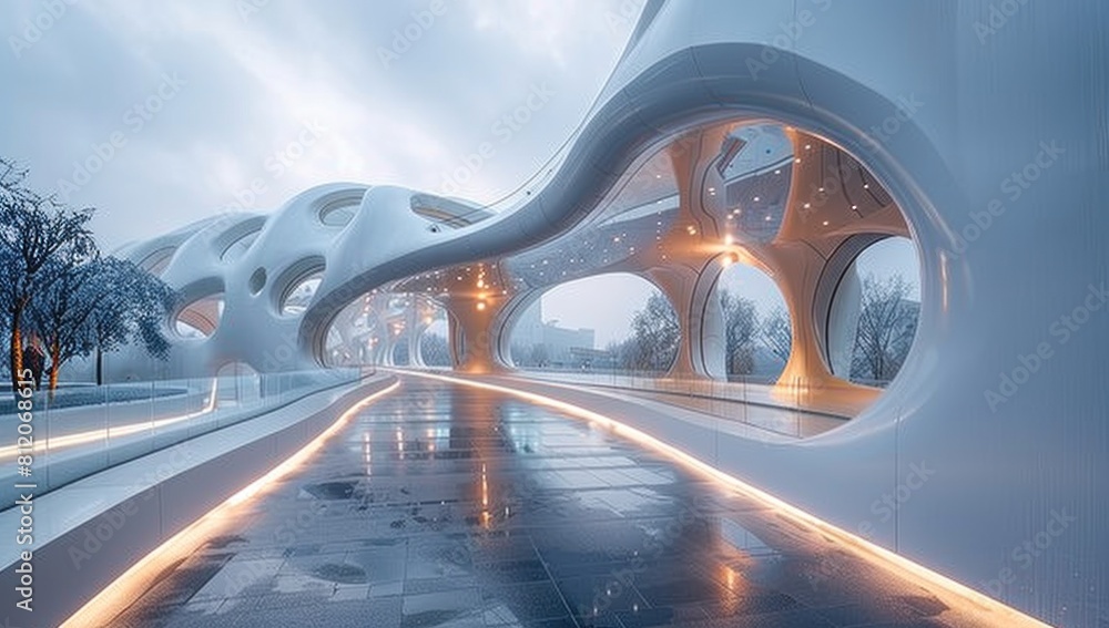Showcase the architectural innovation of a futuristic pedestrian bridge ...