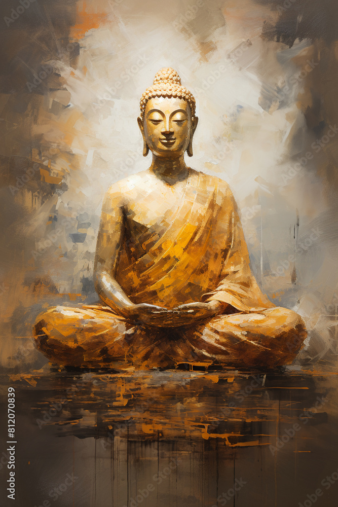 Artistic oil portrait of Buddha, depicted in a golden shimmer, with ...