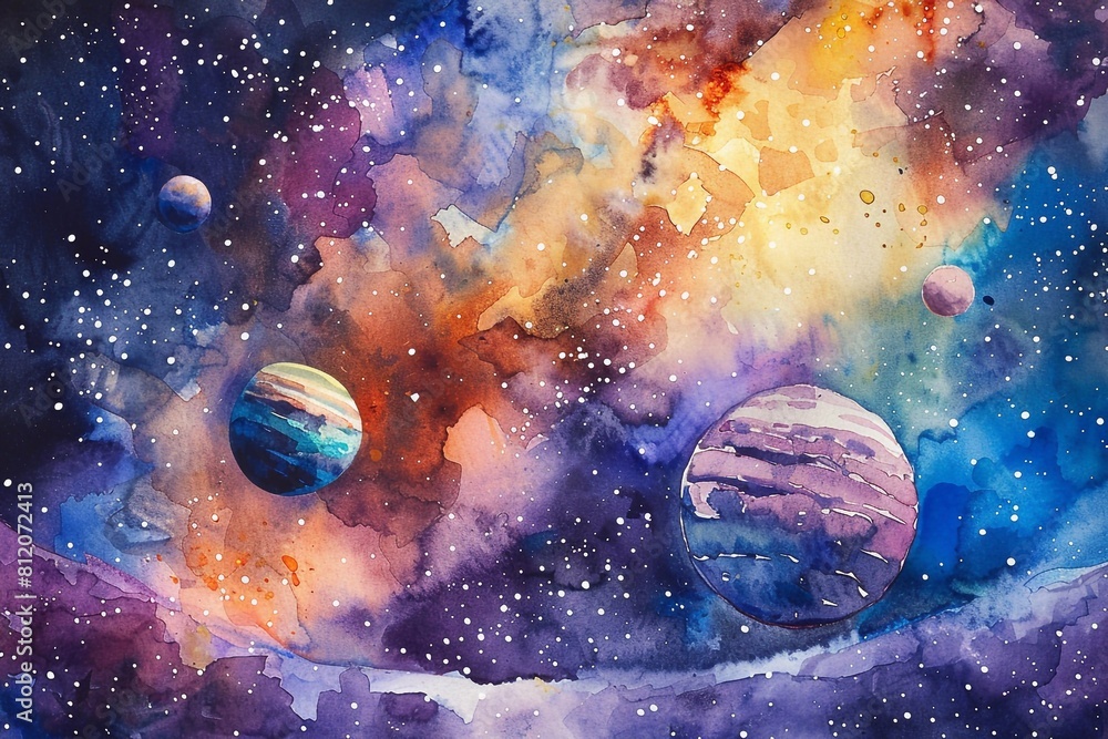 The watercolor illustration of space with planets creates a cosmic ...