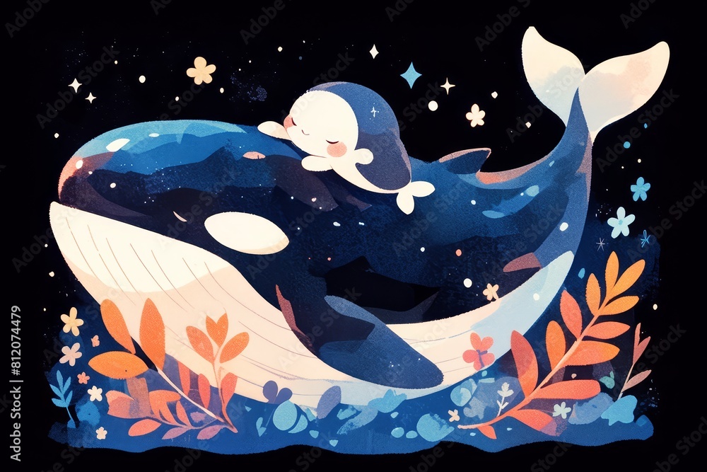 A cute baby whale sleeping on the back of his mother, a night sky full ...