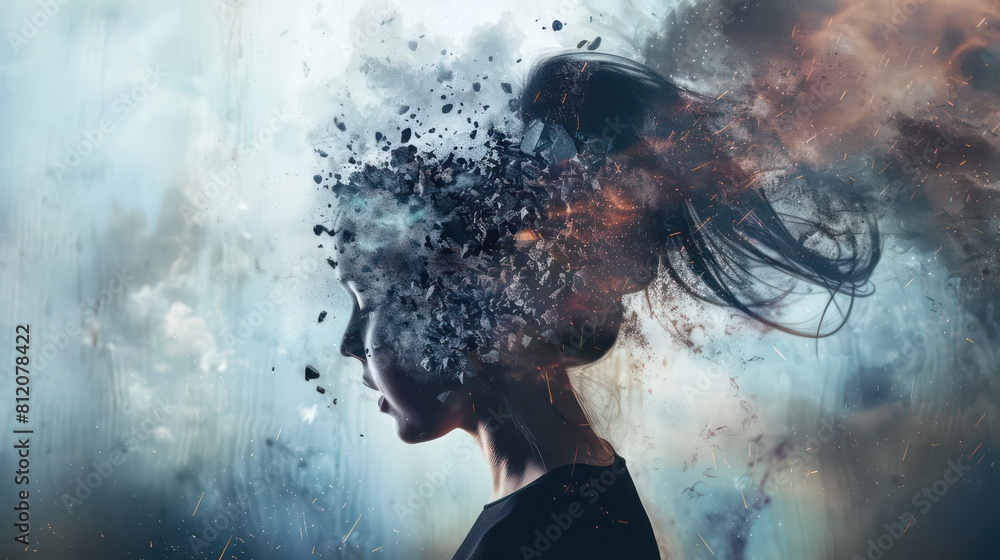 Visual representation of a woman with her head disintegrating ...