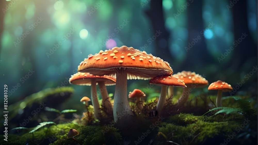 Magical mushrooms in a fantasy forest reminiscent of a fairy tale ...