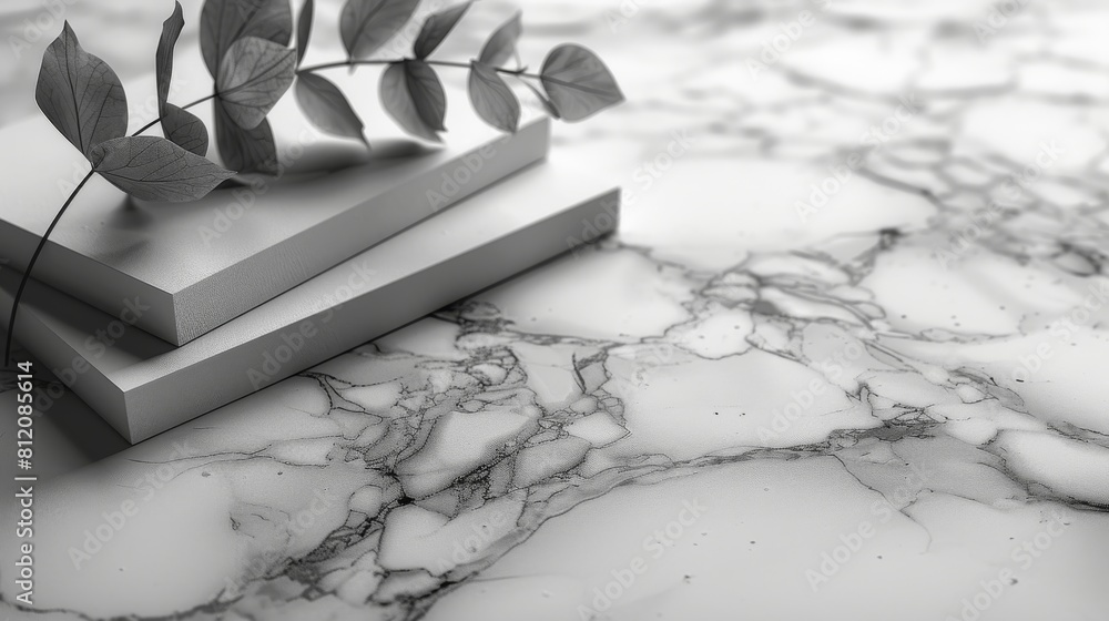 The mockup template has a white marble background and a design element ...