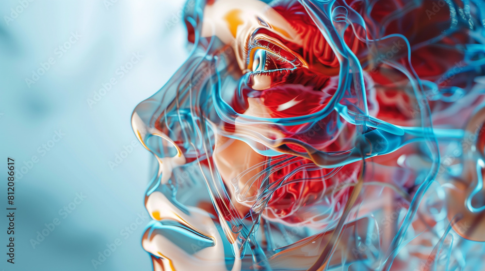 3D illustration of an abstract human head with transparent skin showing ...