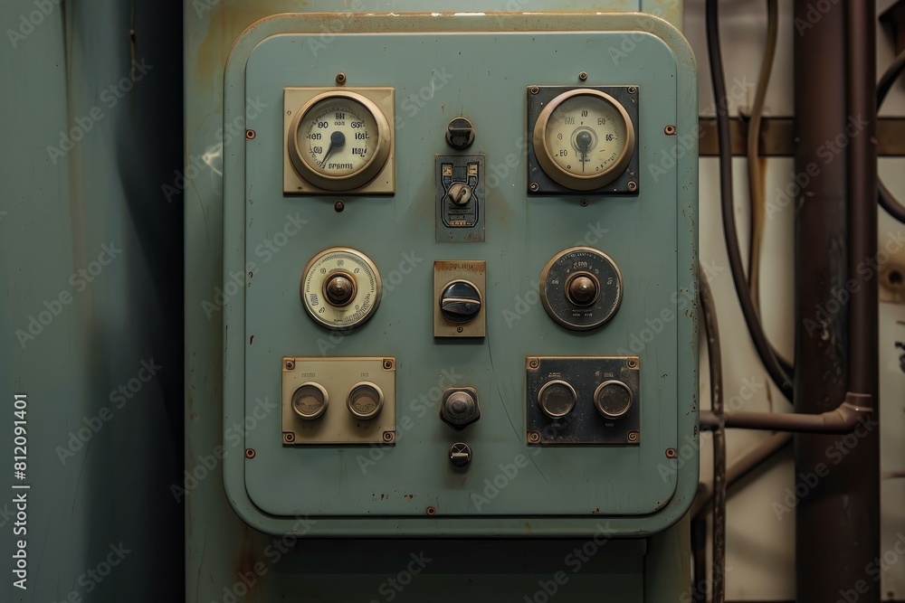 Old-fashioned control panel featuring analog meters, dials, and ...