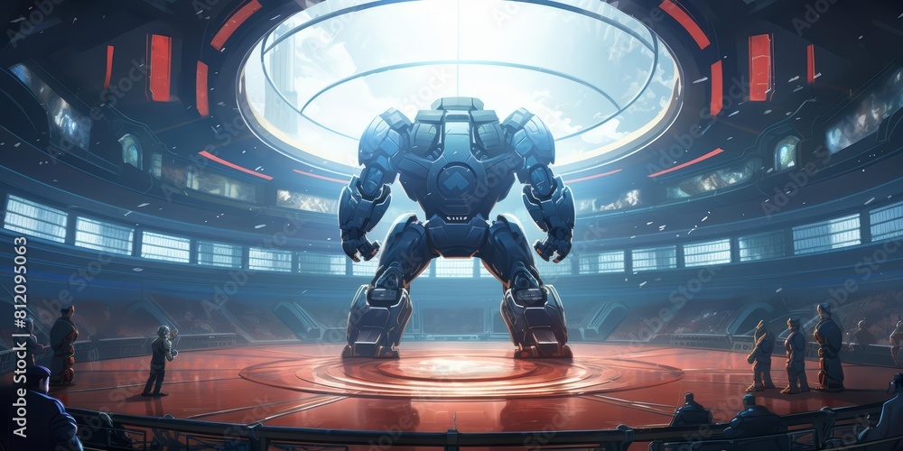 A futuristic sports arena, influenced by Japanese art style, showcases ...