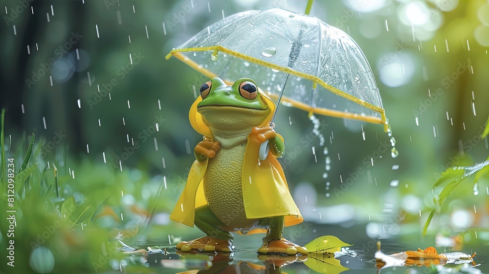 Anthropomorphic frog wearing yellow raincoat and holding an umbrella in ...