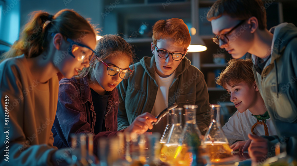 Teenagers gathered at a DIY science experiment party, conducting fun ...