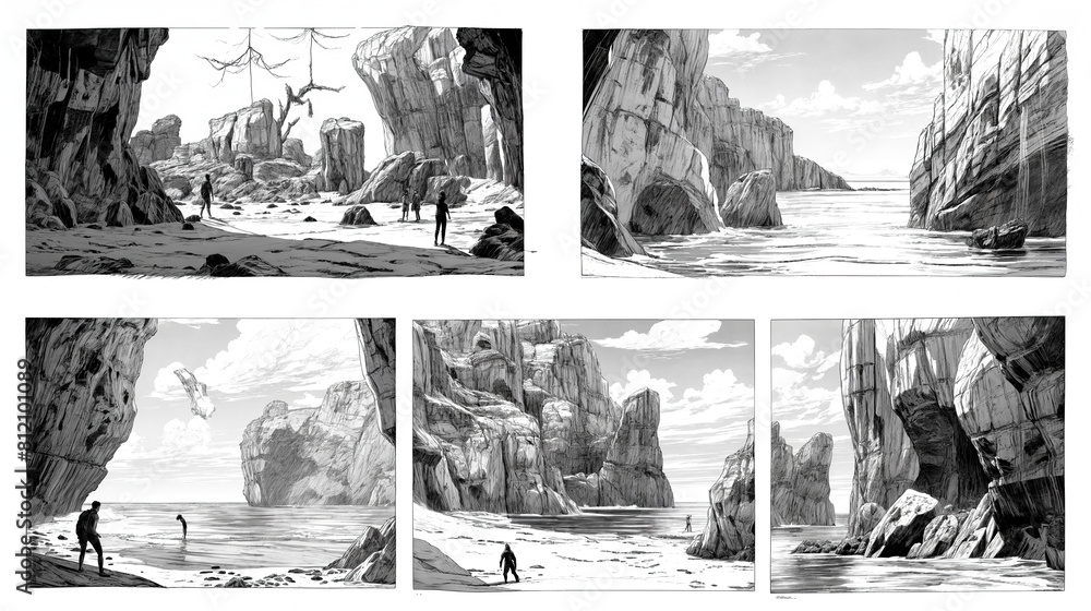 Detailed movie storyboard with coastal and rocky landscapes Stock ...