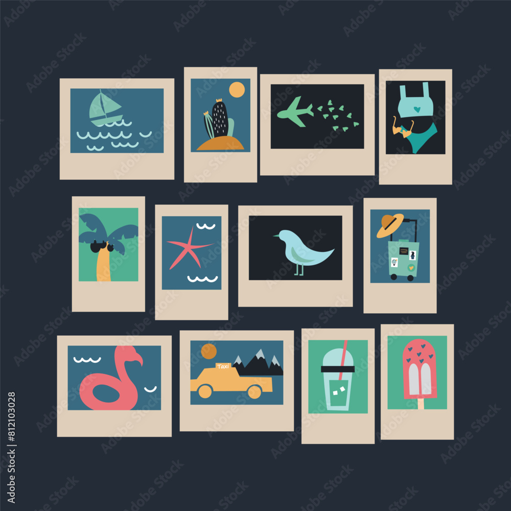 Nature and travel photocards: ice cream, beach, palm trees, mountains ...