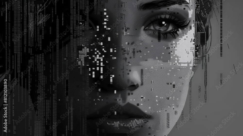 black and white pixel ascii girls face. Generative AI Stock ...