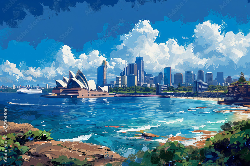 Striking vector depiction of the Sydney Opera House with a dynamic city ...