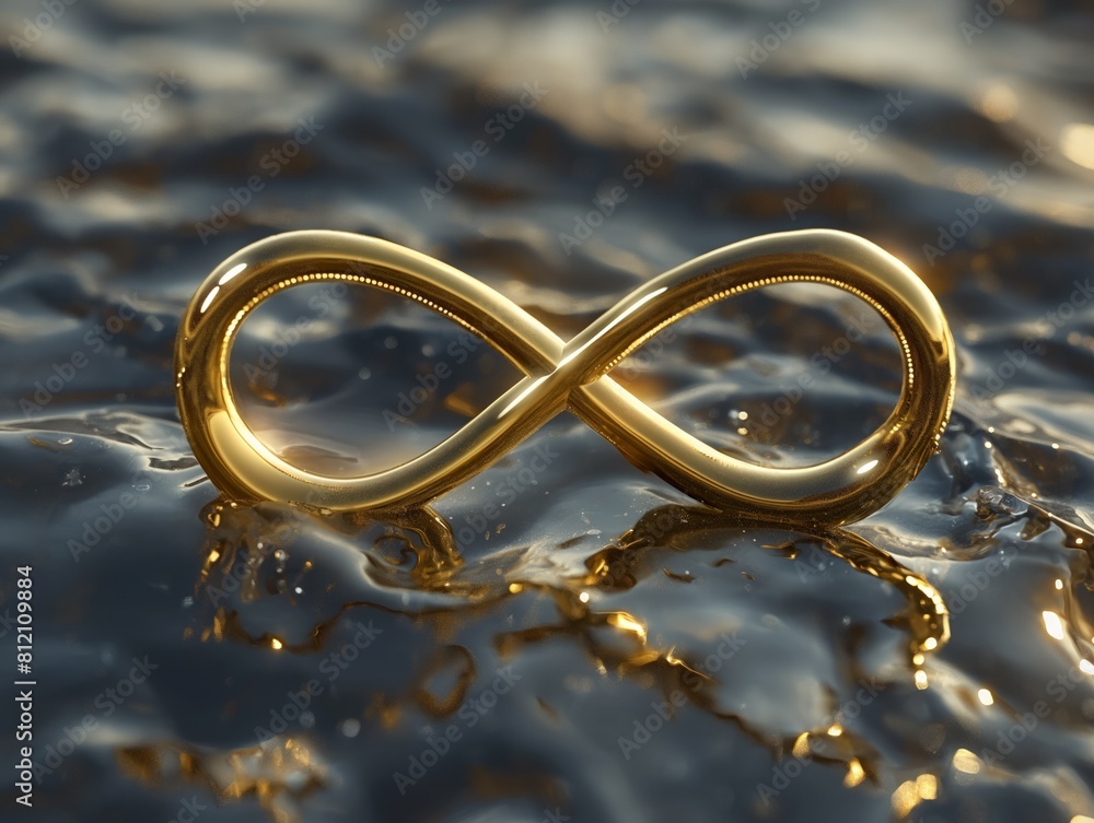 A gold infinity symbol is floating in a body of water. The water is ...