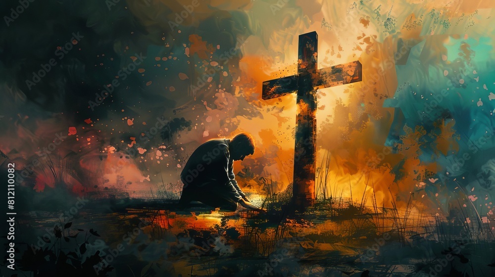 devout young man kneeling in prayer before illuminated wooden cross ...