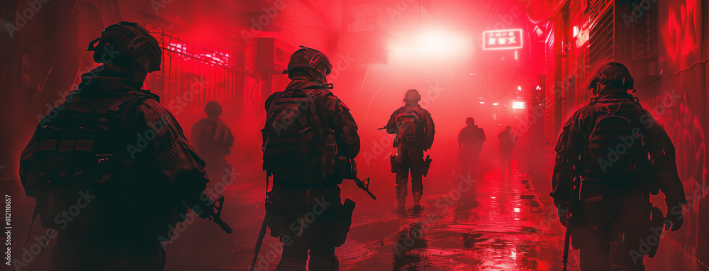 Squad of tactical units moving through a neon-lit urban environment ...