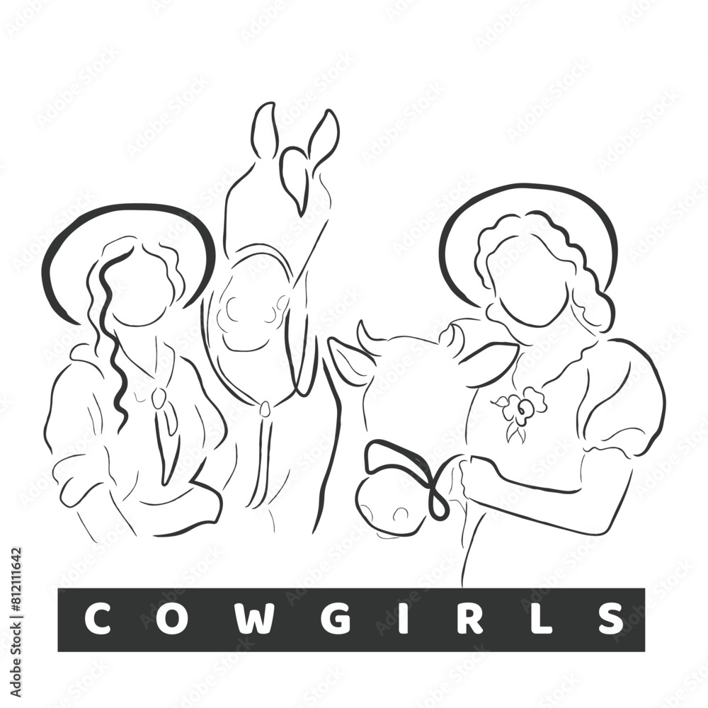 Hand drawn line art vector of Cowgirls with cowboy hats. American rodeo ...