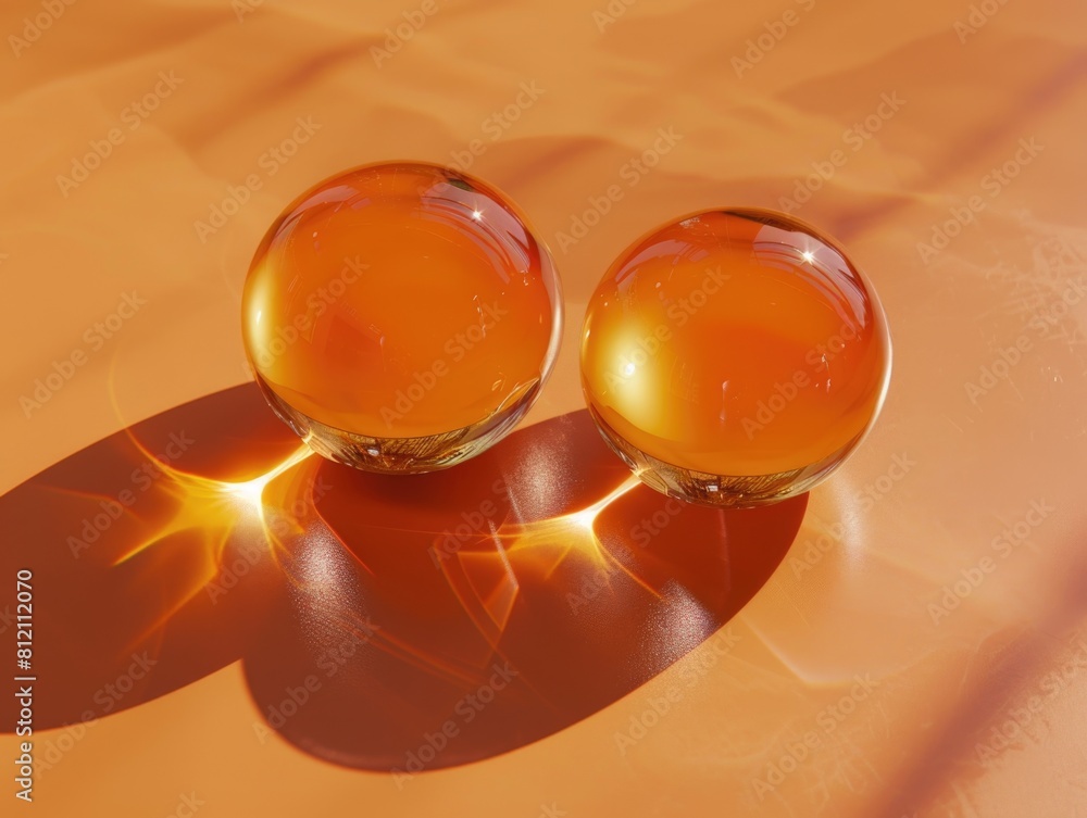 Two transparent glass spheres resting on a smooth, orange surface ...
