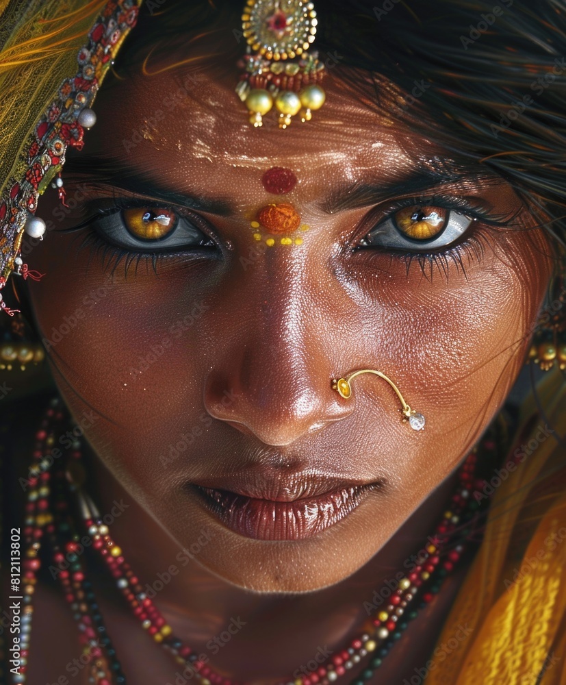 A striking close-up portrait of an Indian woman, showcasing her ...
