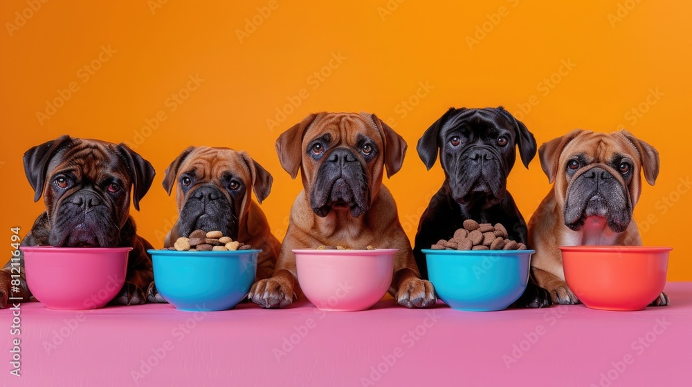 A lineup of dogs small breeds, each with a bowl of food, showcasing ...
