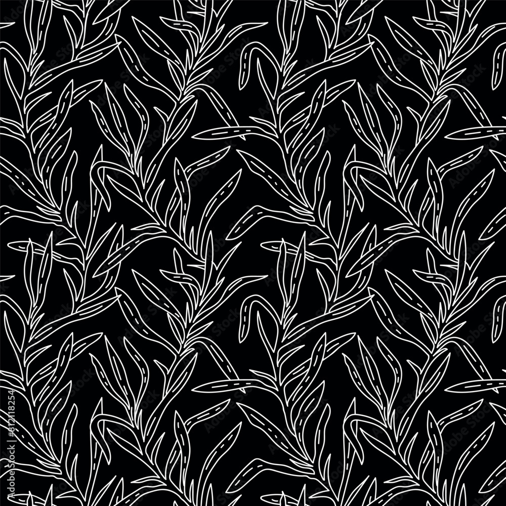 Tarragon leaf seamless pattern. Linear Floral ornament with hand drawn ...