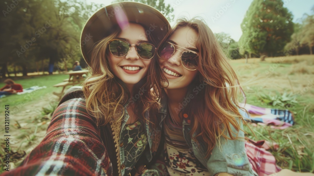 Best pals capturing a selfie during a charming countryside picnic ...
