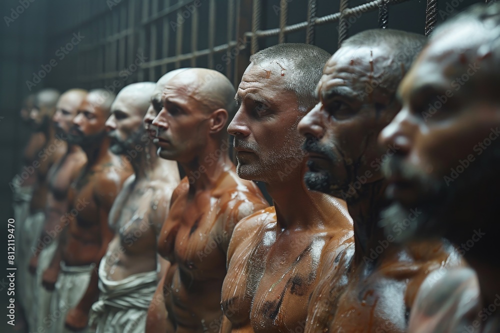 Bald men in a row showing a profile view, conveying intensity with a ...
