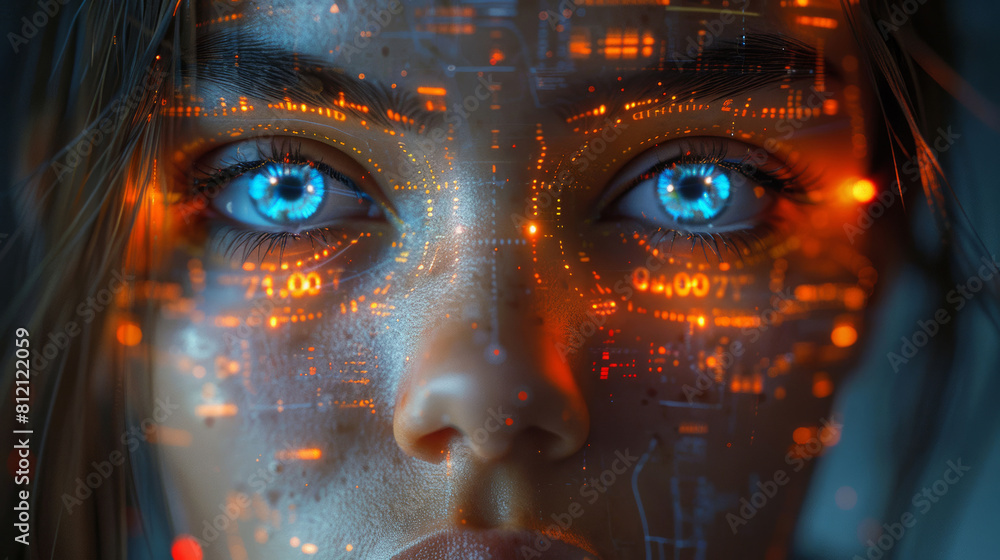 Girl, futuristic and technology with hud on face for ai, machine ...