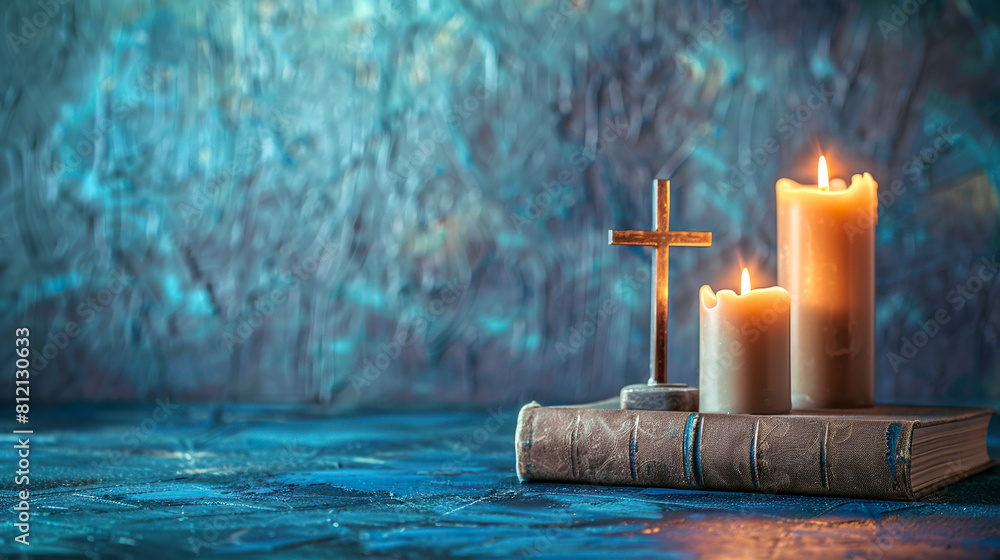 Illustration of prayer book lit by candles while a cross rests next to ...