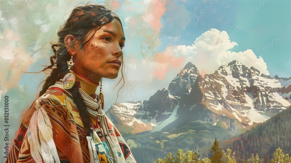 proud native american woman in traditional regalia connecting with ...