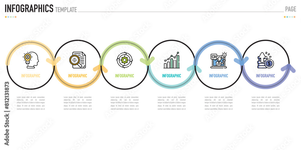 Circular linear infographic template or element with 6 step, process ...