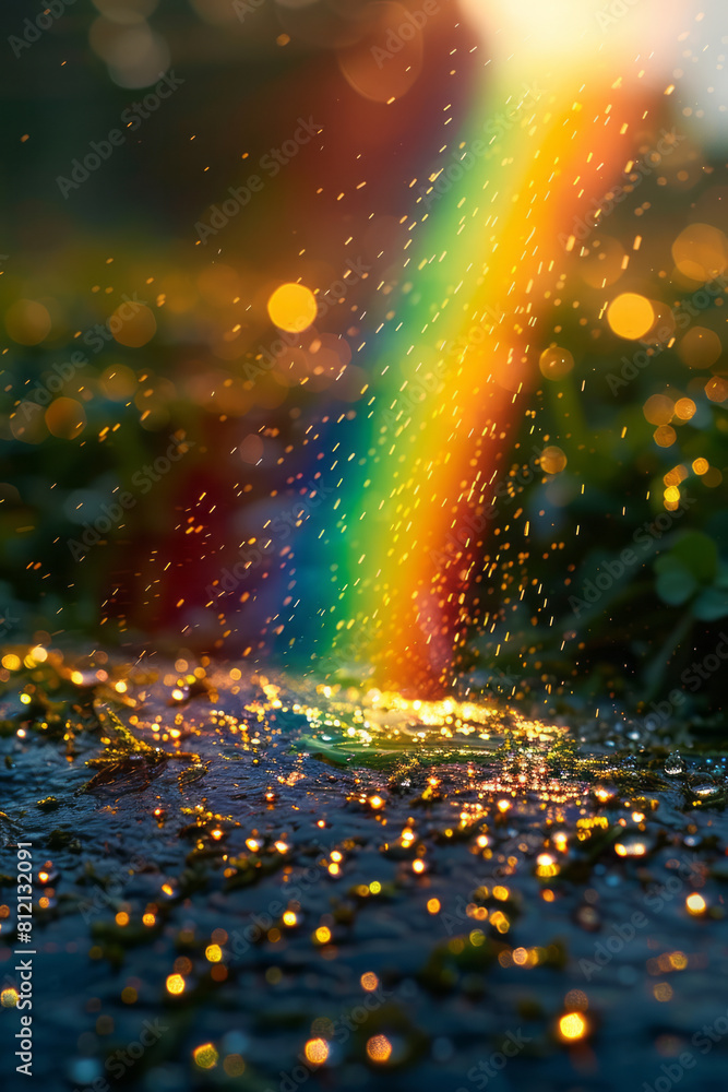 Artistic scene of a rainbow formation due to refraction and reflection ...
