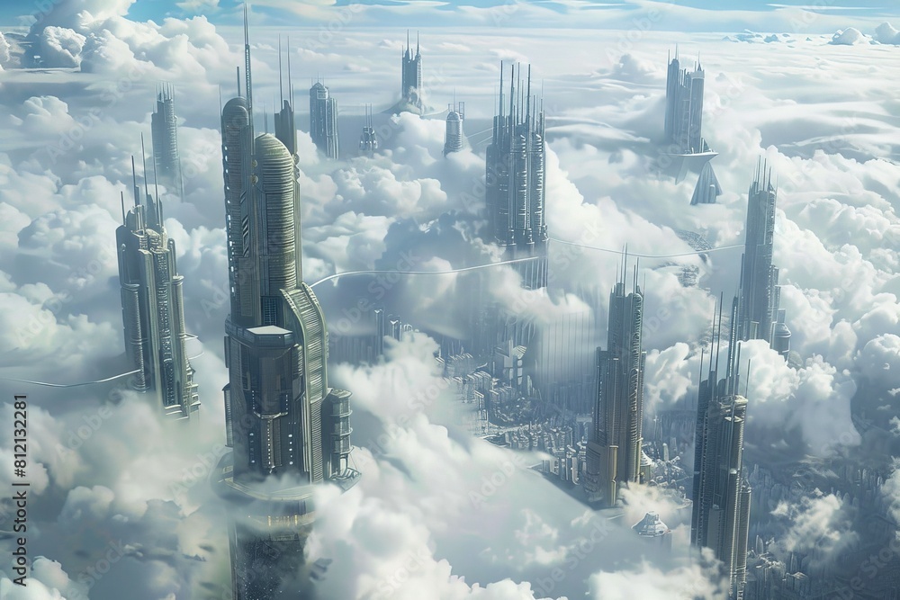 Design a series of concept art depicting skyscrapers floating above the ...