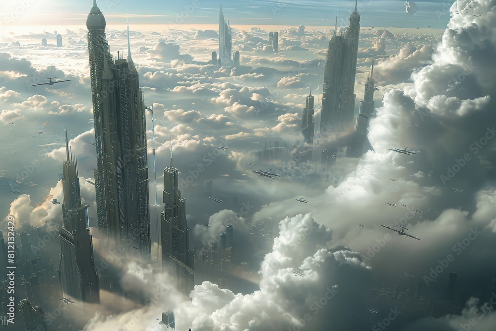 Design a series of concept art depicting skyscrapers floating above the ...