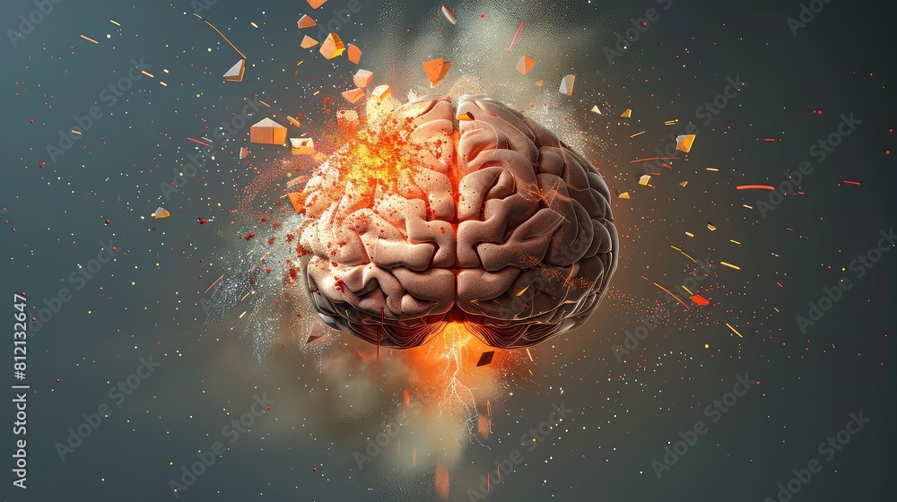 Concept art of a human brain exploding with knowledge and creativity ...