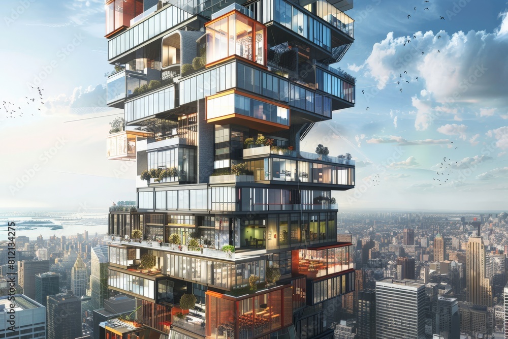 Design a skyscraper that serves as a vertical innovation hub, with ...