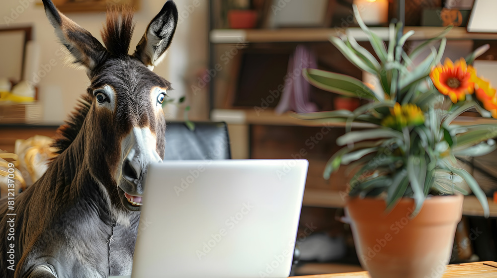 Shocked donkey with his mouth open in a store.A donkey sits at a desk ...
