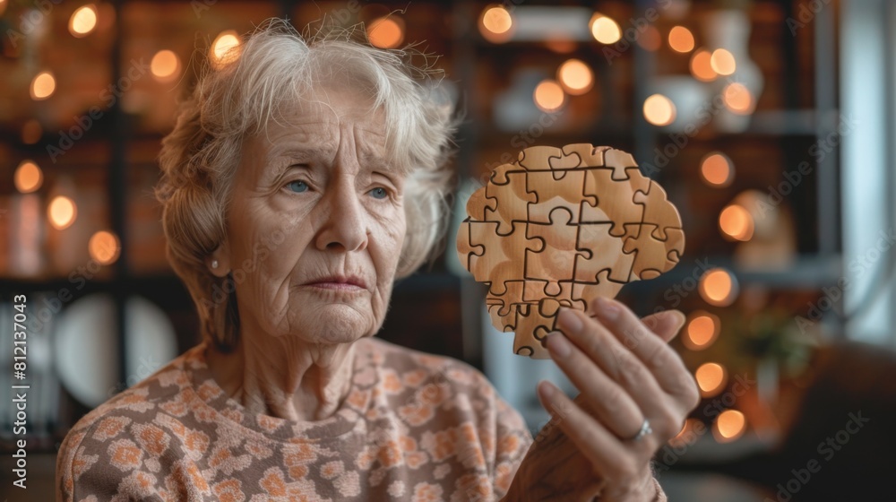 Alzheimer's disease concept, Elderly woman holding brain symbol of missing jigsaw puzzle, World ...