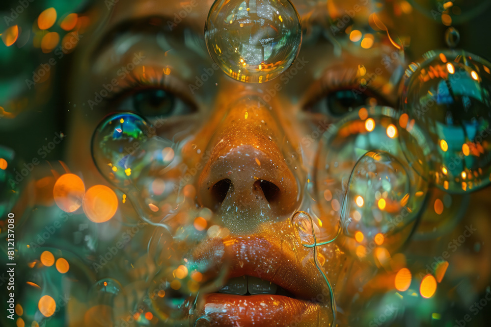 Artistic scene depicting a face seen through a series of bubbles, each ...