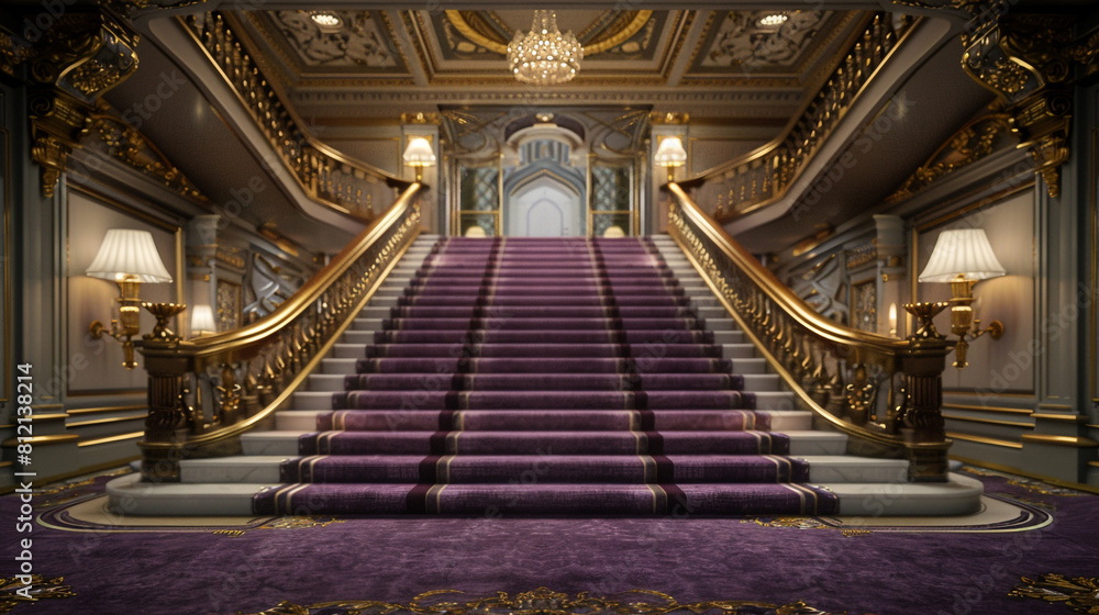 Luxurious mansion foyer with amethyst purple carpeted stairs flanked by ...