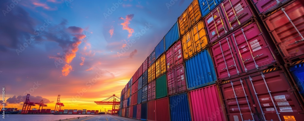 Multicolored cargo containers stacked on a ship in a port with blue sky ...