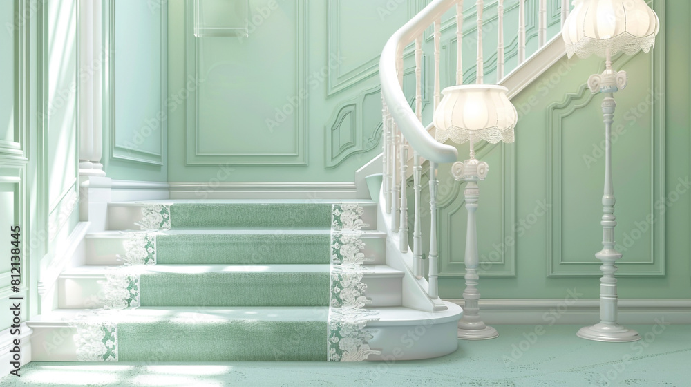 Luxury home entry with mint carpeted stairs featuring white balusters ...