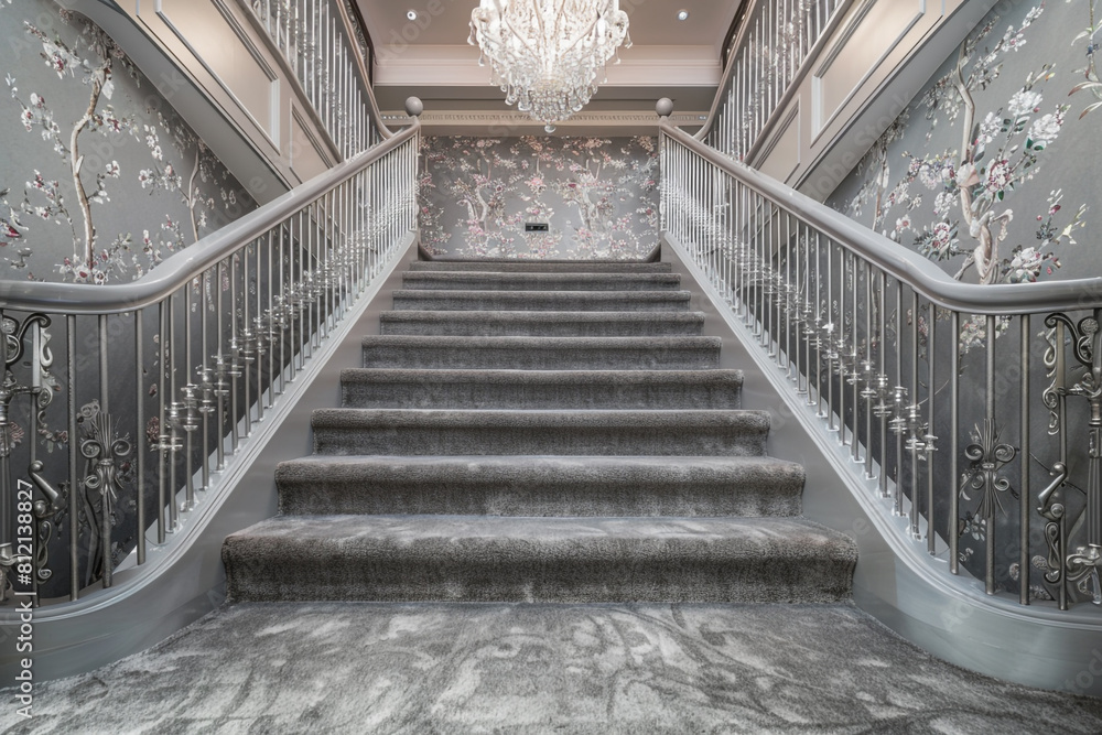 Luxury mansion foyer with soft gray carpeted stairs flanked by an ...