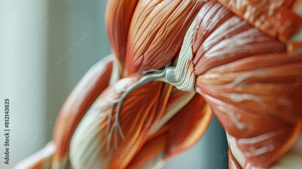 The image is a close-up of a human muscle model, showing the detailed ...