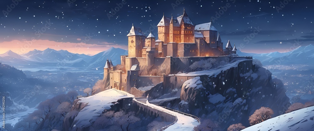 Medieval Fantasy Castle in the Snowy Blue Night Sky Anime Fantasy Style ...