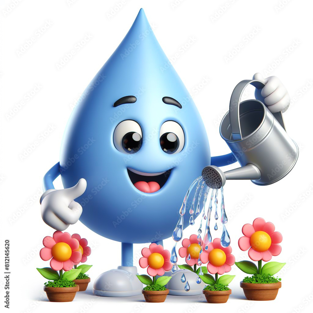 Water drop cartoon watering flowers. Draws attention to climate change ...