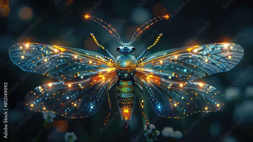 A firefly with body and wings decorated with luminescent gemstones ...
