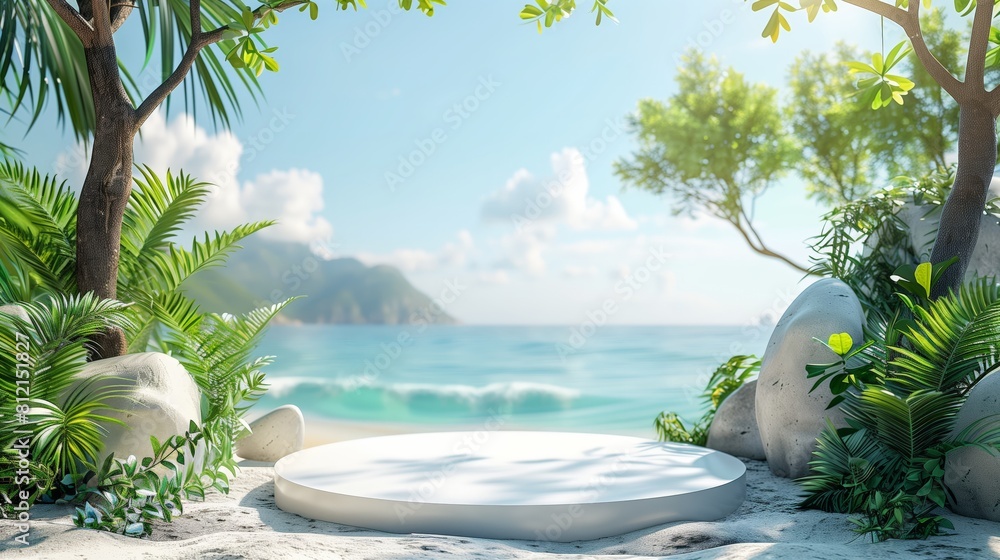 Idyllic tropical beach setup with a stage podium for product display ...