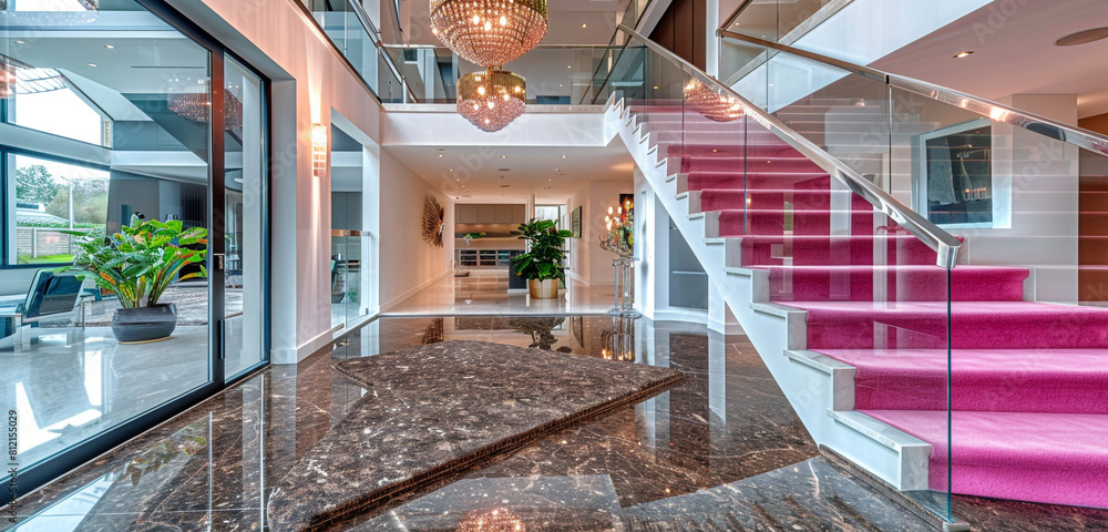 Modern luxury foyer with hot pink carpeted stairs highlighted by a ...