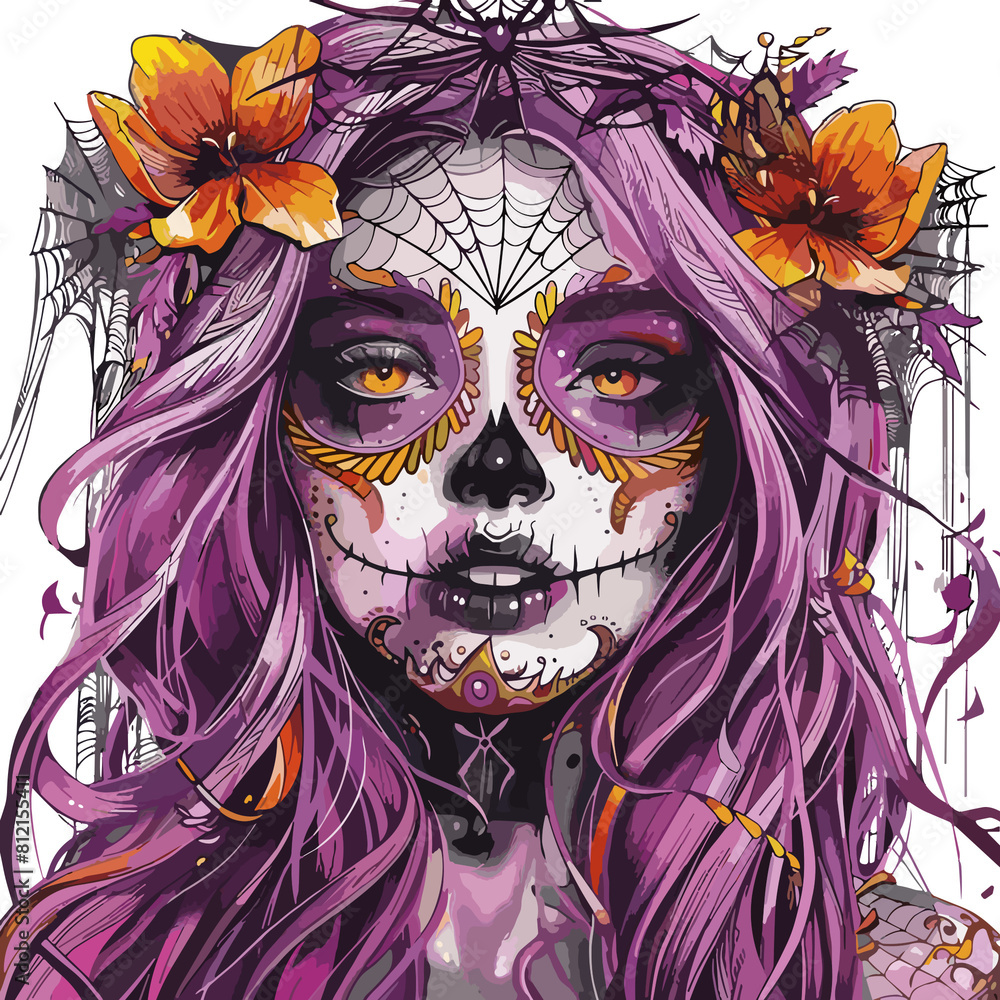 girl's face with black makeup imitating a skull, animated in the style ...